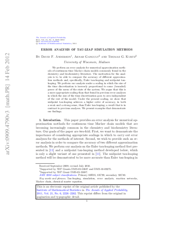 Pdf Error Analysis Of Tau Leap Simulation Methods