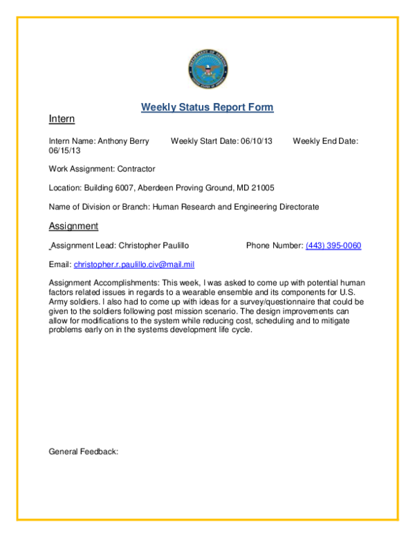 (DOC) Weekly Status Report Form Intern
