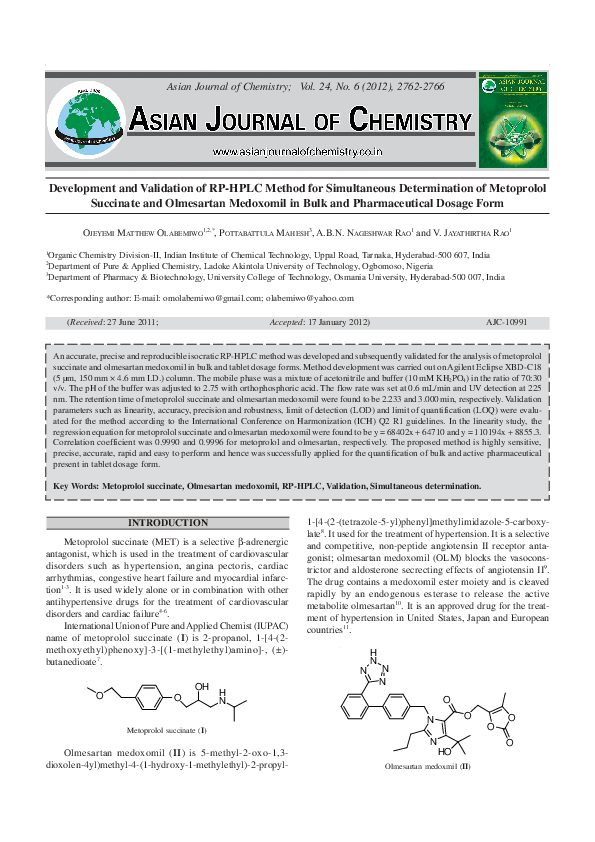 Pdf Development And Validation Of Rp Hplc Method For Simultaneous Determination Of Metoprolol