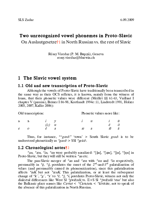2009 Two unrecognized vowel phonemes in Proto-Slavic (Handout 6.09.2009)