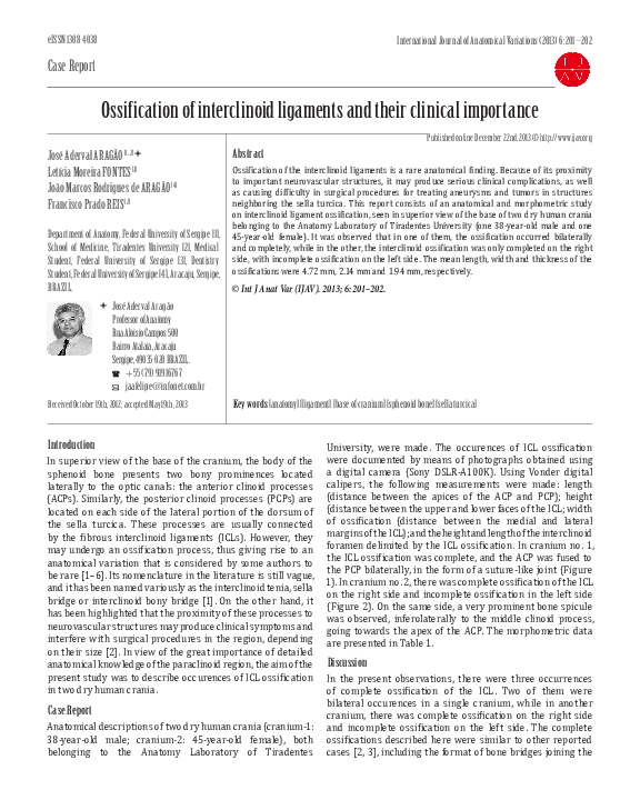 (PDF) Ossification of interclinoid ligaments and their clinical importance