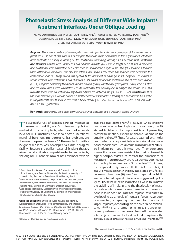 (PDF) Photoelastic stress analysis of different wide implant abutment interfaces under oblique ...