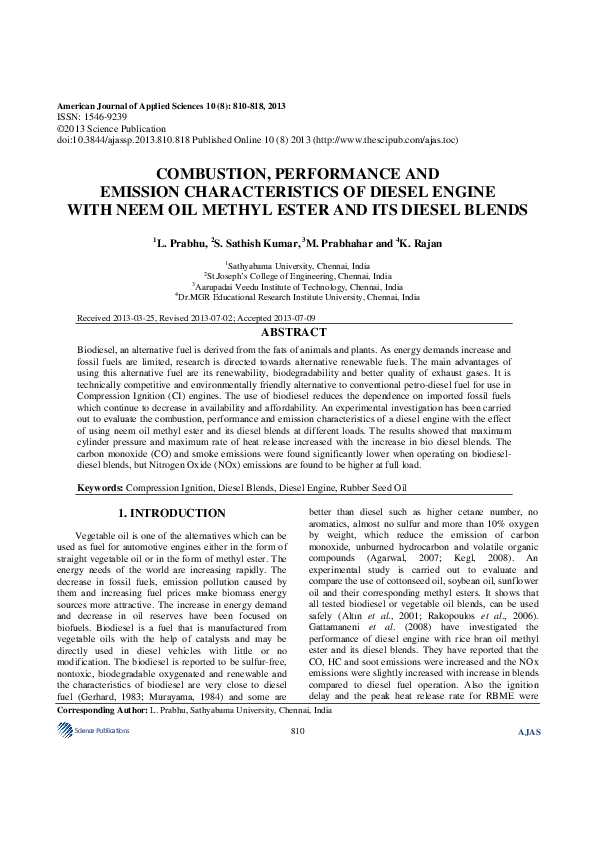 Pdf Combustion Performance And Emission Characteristics Of Diesel Engine With Neem Oil Methyl