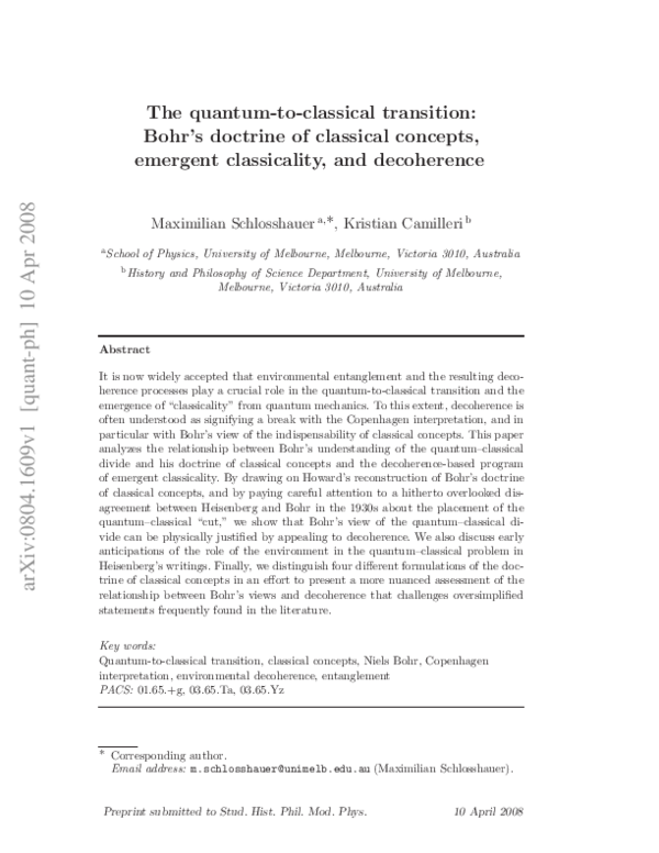 (PDF) What classicality? Decoherence and Bohr’s classical concepts | Kristian Camilleri ...