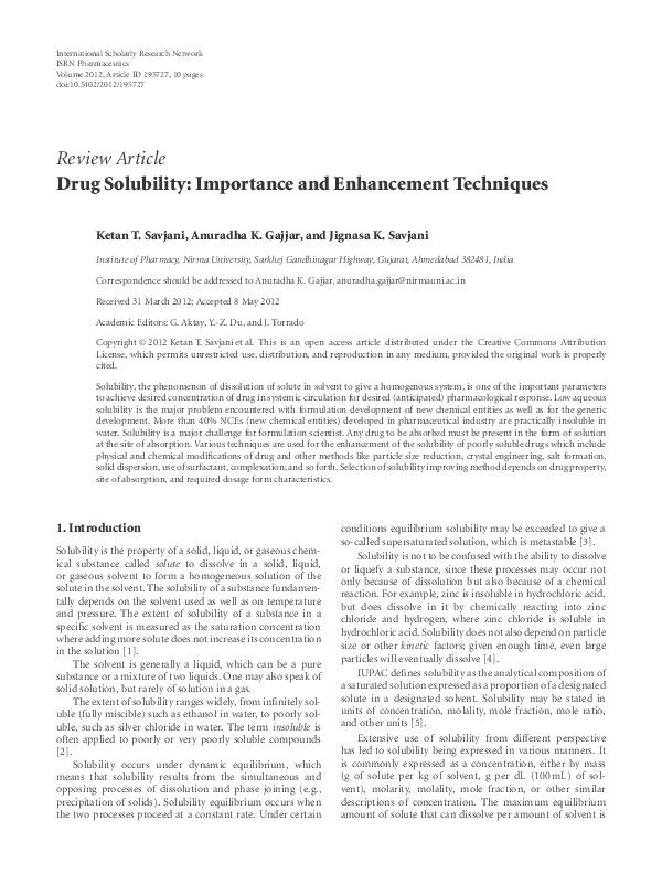 (PDF) Review Article Drug Solubility: Importance and Enhancement ...