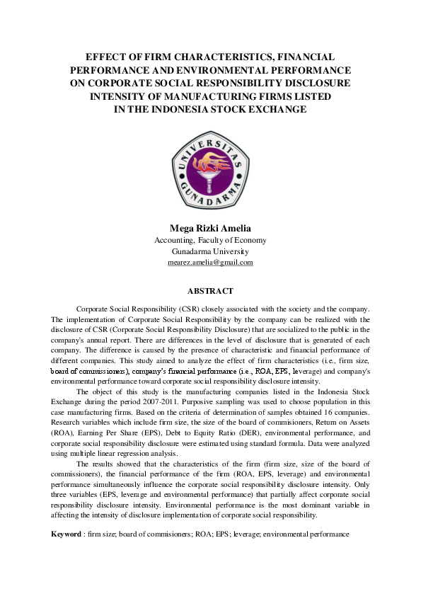 (PDF) EFFECT OF FIRM CHARACTERISTICS, FINANCIAL PERFORMANCE AND ENVIRONMENTAL PERFORMANCE ON ...