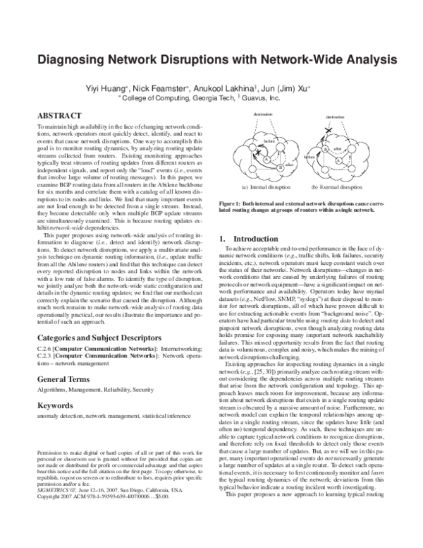 (PDF) Diagnosing network disruptions with network-wide analysis
