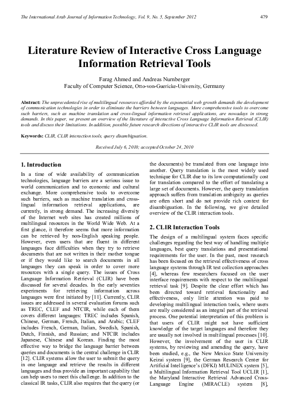 (PDF) Literature review of interactive cross language information retrieval tools