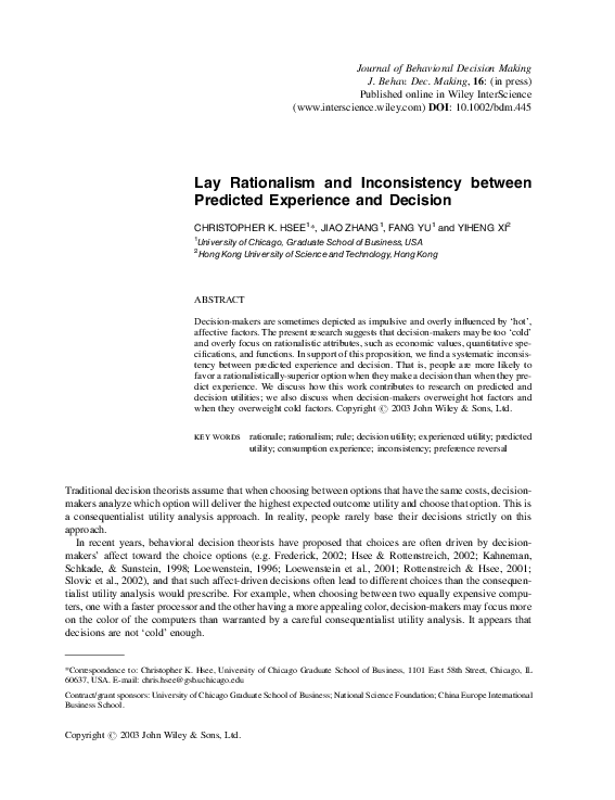 (PDF) Lay rationalism and inconsistency between predicted experience ...