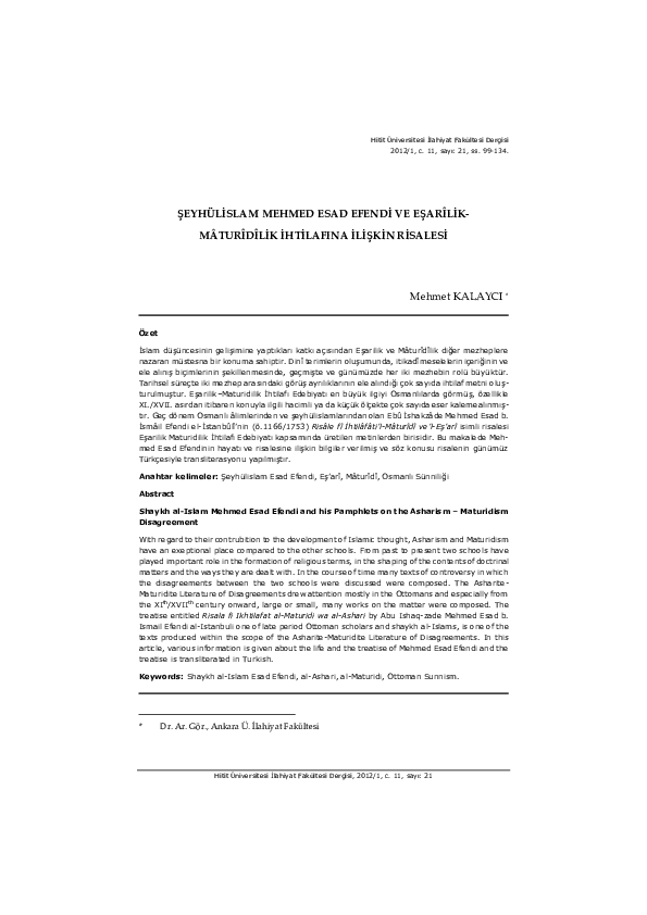 (PDF) Şeyhülislam Mehmed Esad Efendi'nin Eşarilik-Maturidilik ...