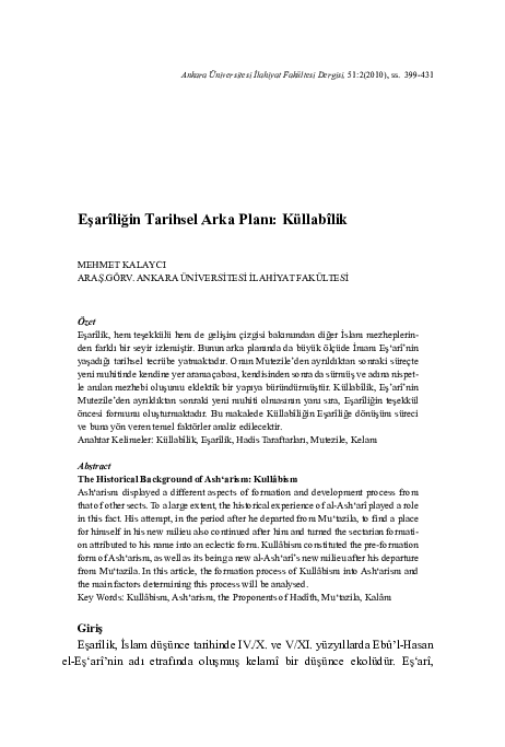 (PDF) Eş'ariliğin Tarihsel Arkaplanı: Küllabilik (the Historical ...