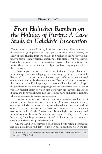 (PDF) From Hidushei Ramban on the Holiday of Purim: A Case Study in ...