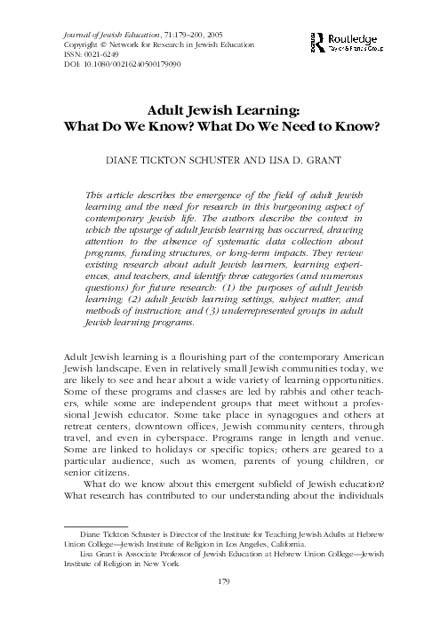 (PDF) Adult Jewish Learning: What Do We Know? What Do We Need to Know