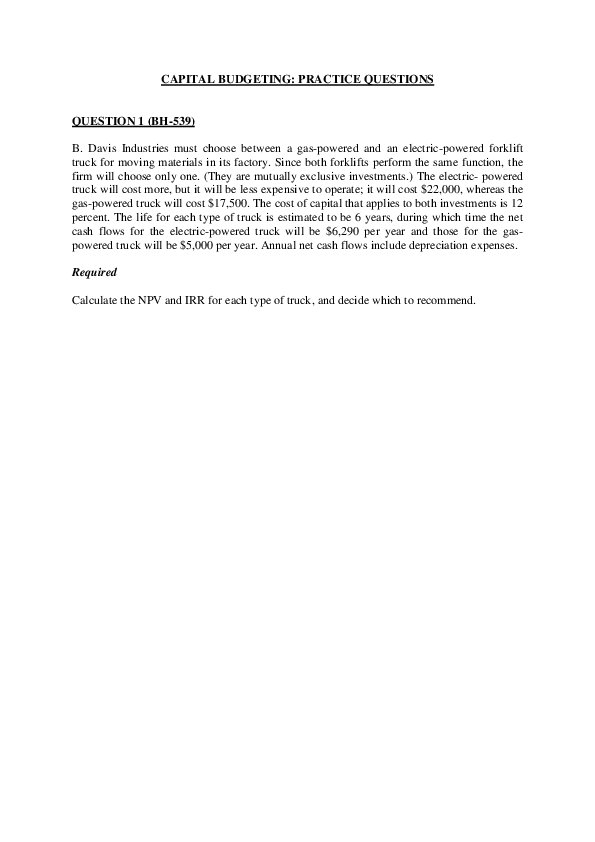 (DOC) CAPITAL BUDGETING: PRACTICE QUESTIONS QUESTION 1 (BH-539