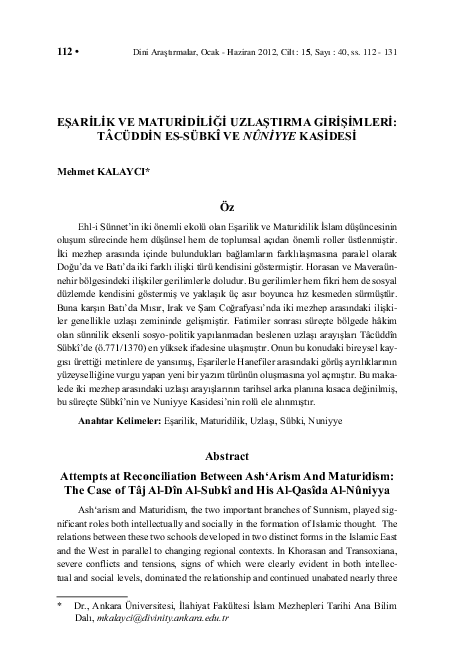 (PDF) Eşarilik ve Maturidiliği Uzlaştırma Girişimleri: Tâcüddîn es ...
