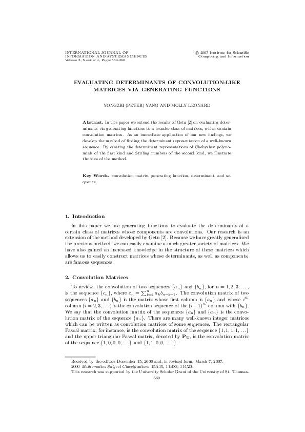 (PDF) Evaluating Determinants of Convolution-Like Matrices Via Generating Functions - Yongtzi ...