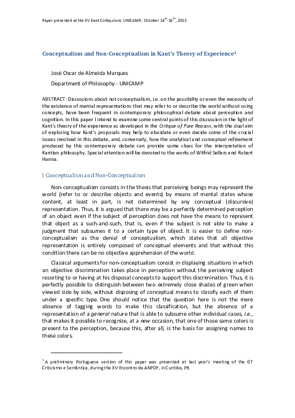 (PDF) Conceptualism and Non-conceptualism in Kant's Theory of Experience