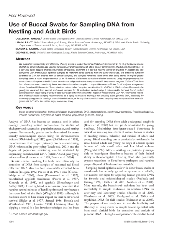 (PDF) Use of Buccal Swabs for Sampling DNA from Nestling and Adult Birds