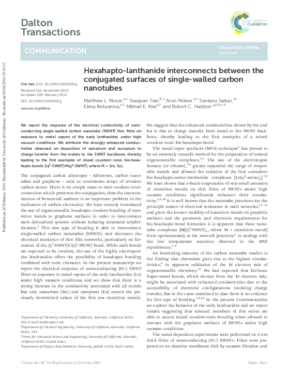(PDF) Dalton Transactions - Hexahapto-lanthanide interconnects between the conjugated surfaces ...