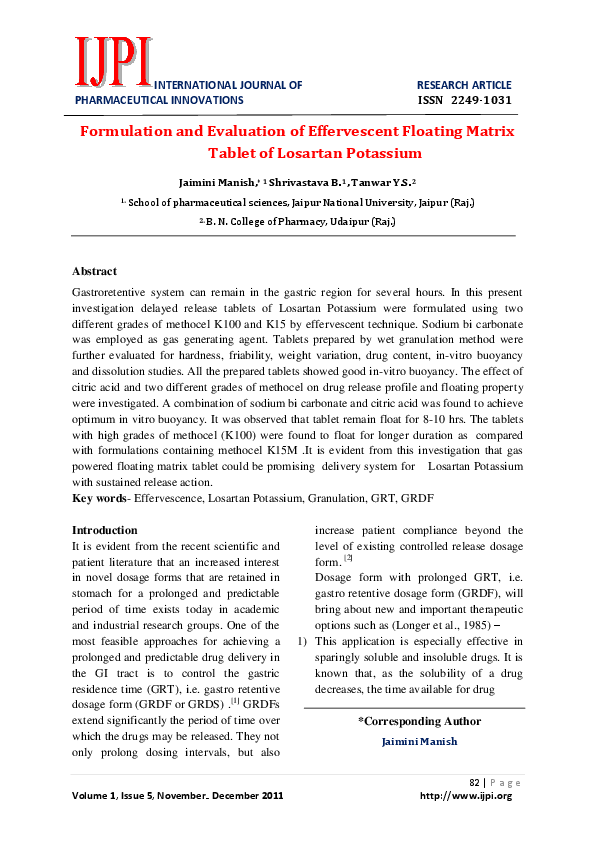 International Journal Of Formulation And Evaluation Of Effervescent Floating Matrix Tablet Of