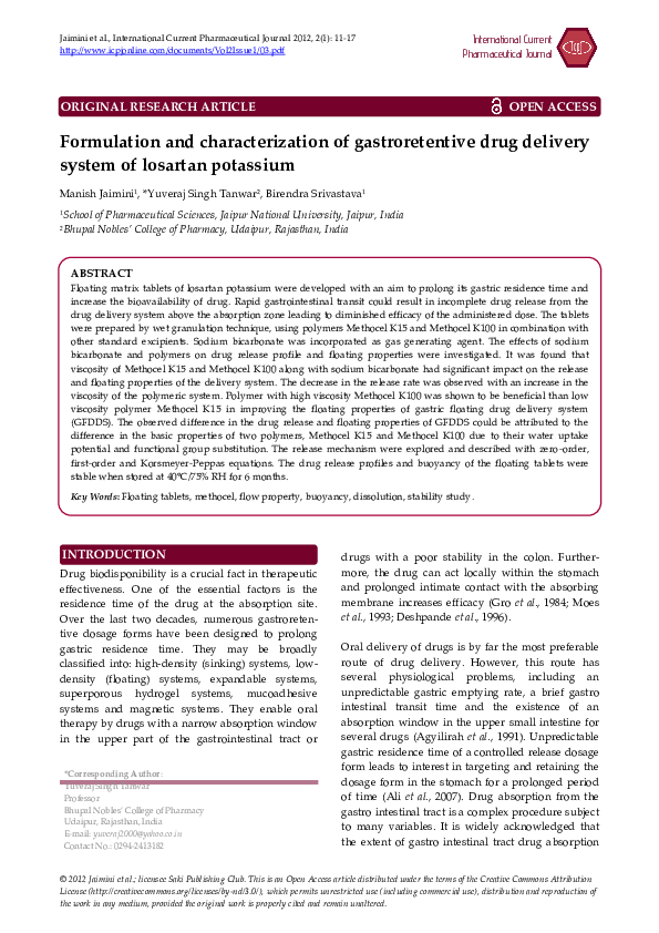 Formulation And Characterization Of Gastroretentive Drug Delivery System Of Losartan Potassium