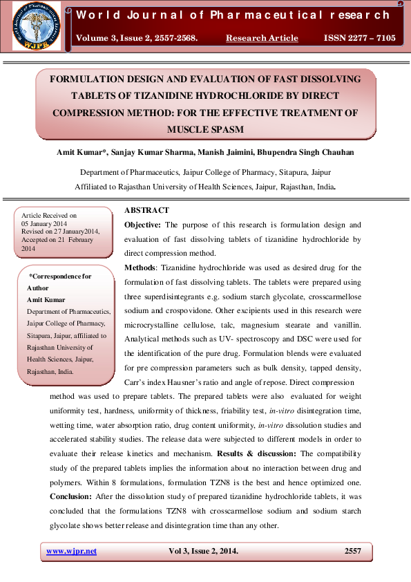 FORMULATION DESIGN AND EVALUATION OF FAST DISSOLVING TABLETS OF ...