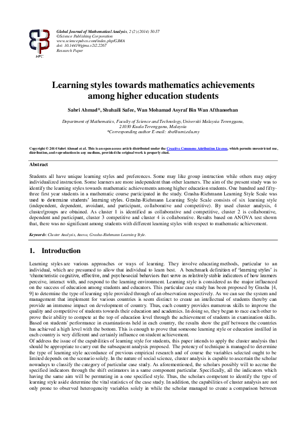 (PDF) Learning styles towards mathematics achievements among higher ...