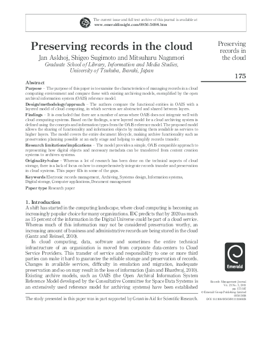 (PDF) Preserving records in the cloud