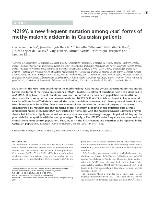 (PDF) N219Y, a new frequent mutation among mut° forms of methylmalonic ...
