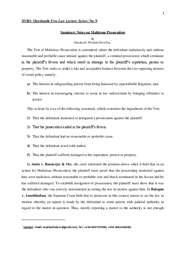 (PDF) Summary Notes on Malicious Prosecution