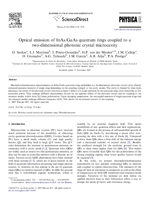 (PDF) Optical emission of InAs/GaAs quantum rings coupled to a two-dimensional photonic crystal ...