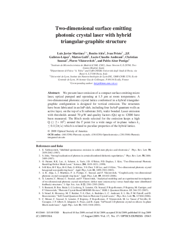 (PDF) Two-dimensional surface emitting photonic crystal laser with ...