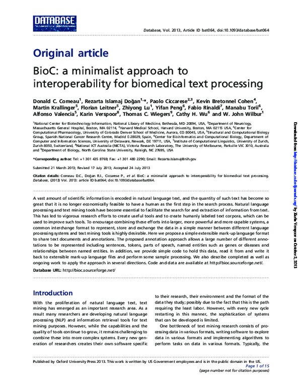 Pdf Bioc A Minimalist Approach To Interoperability For Biomedical Text Processing