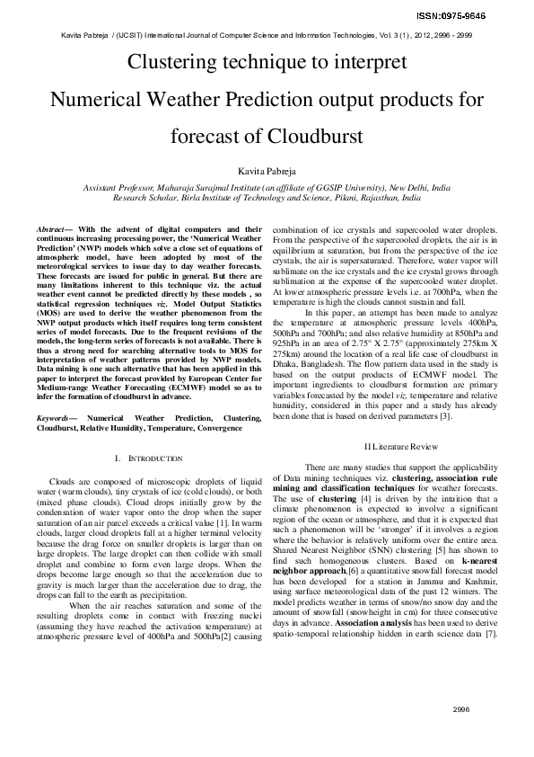 Pdf Clustering Technique To Interpret Numerical Weather Prediction Output Products For