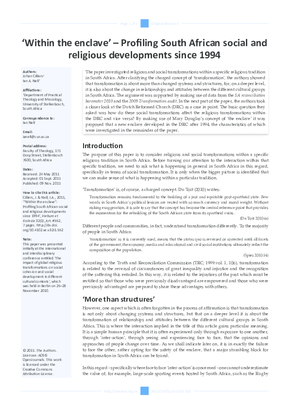 (PDF) ‘Within the enclave’ : profiling South African social and ...