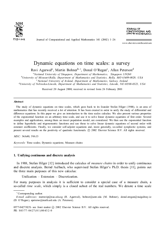 Pdf Dynamic Equations On Time Scales A Survey Ravi Agarwal