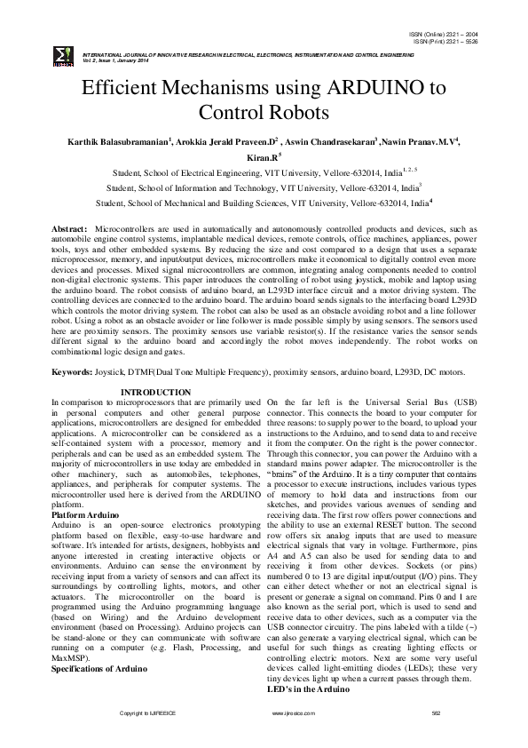 (PDF) Efficient Mechanisms using ARDUINO to Control Robots
