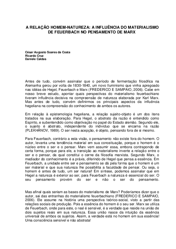A RELAÇÃO HOMEM-NATUREZA: A INFLUÊNCIA DO MATERIALISMO DE FEUERBACH NO ...