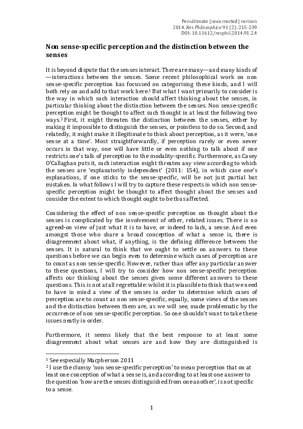 (PDF) Non sense-specific perception and the distinction between the senses