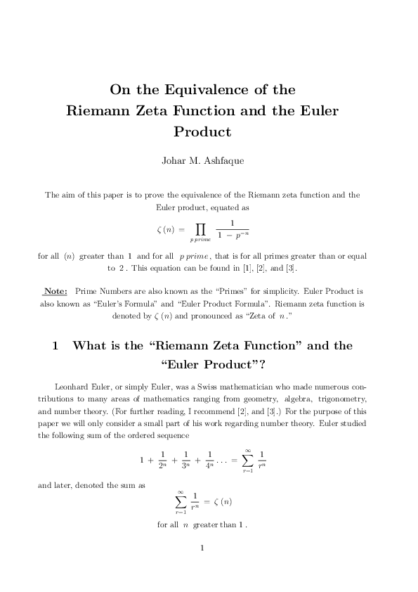Pdf On The Equivalence Of The Riemann Zeta Function And The Euler Product