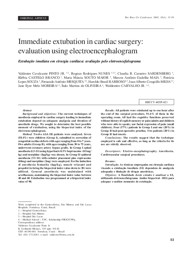 (PDF) Immediate extubation in cardiac surgery: evaluation using ...