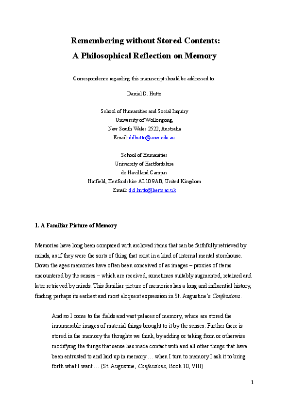 (PDF) Remembering without Stored Contents: A Philosophical Reflection on Memory