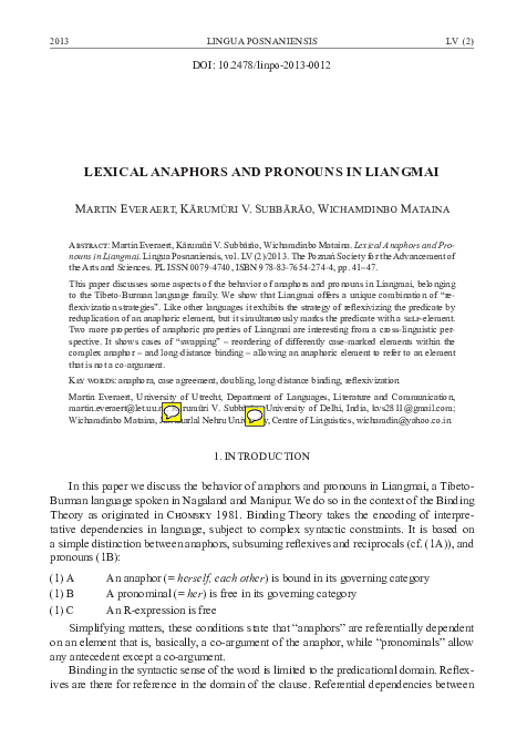 (PDF) LexicaL anaphors and pronouns in Liangmai