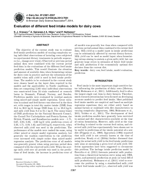 (PDF) Evaluation of different feed intake models for dairy cows