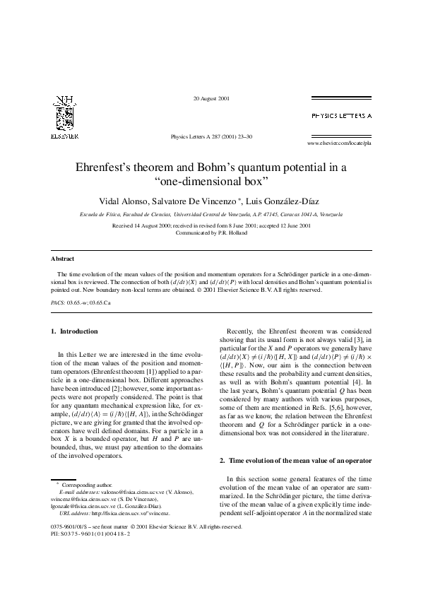 (PDF) Ehrenfest theorem and Bohm's quantum potential in a one ...