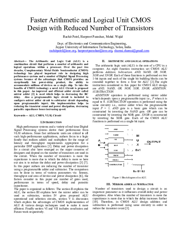 Doc Faster Arithmetic And Logical Unit Cmos Design With Reduced Number Of Transistors