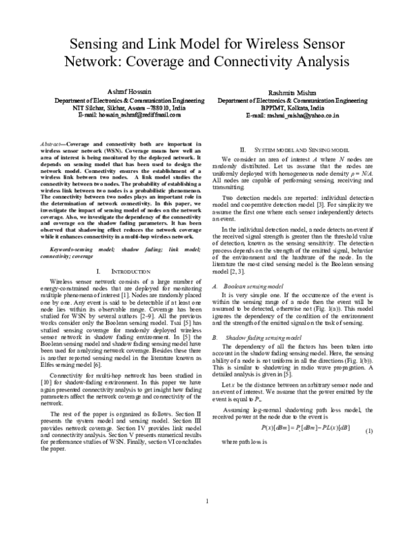 Pdf Sensing And Link Model For Wireless Sensor Network Coverage And