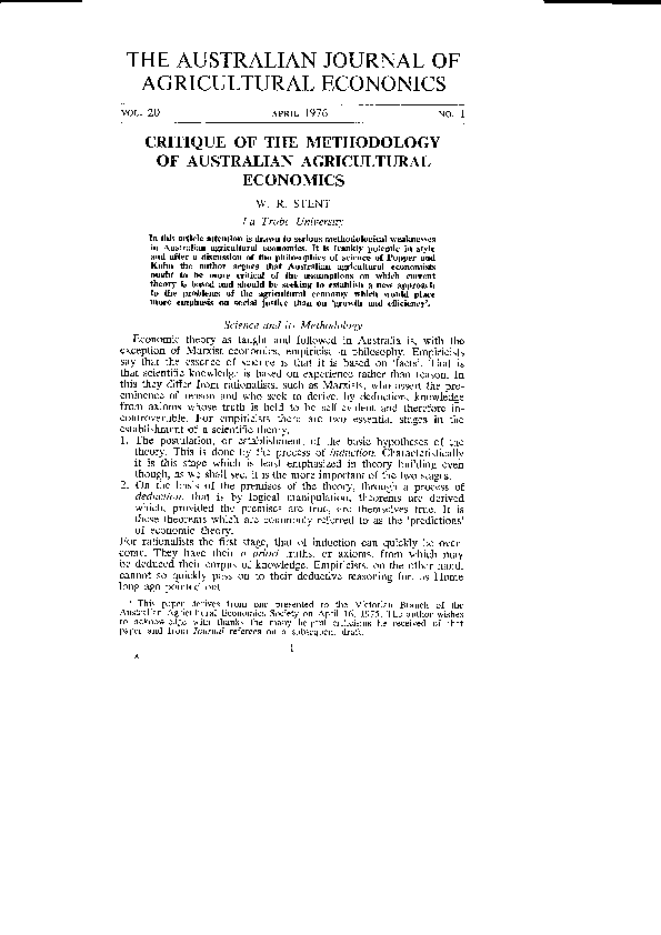 (PDF) Critique of the Methodology of Australian Agricultural Economics