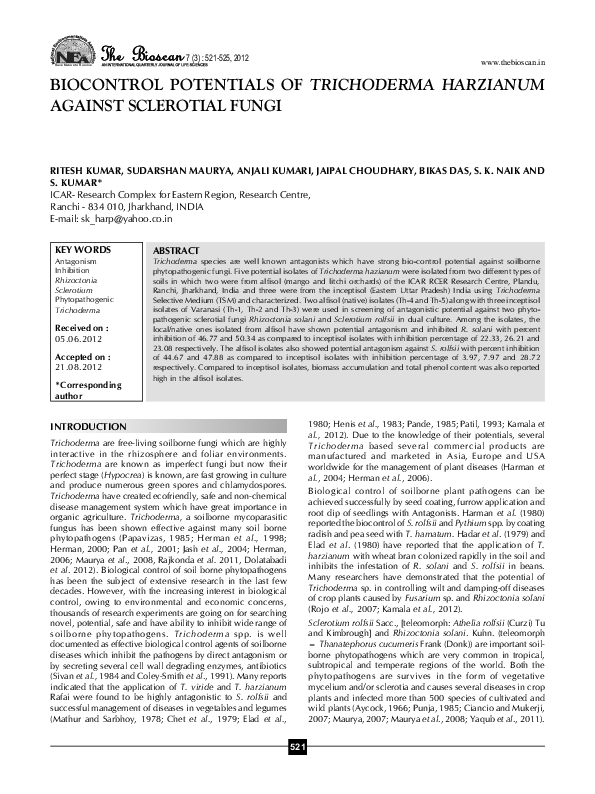 (PDF) BIOCONTROL POTENTIALS OF TRICHODERMA HARZIANUM AGAINST SCLEROTIAL FUNGI