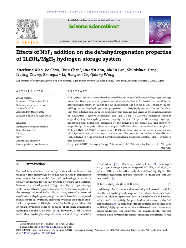 (PDF) Effects of NbF5 addition on the de/rehydrogenation properties of ...